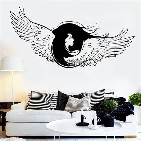 Angel Wings Decal Beautiful Girl Face Long Hair Wall Sticker Home Decor
