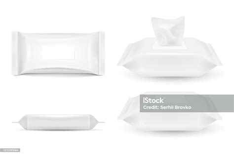 흰색 배경에 격리 된 상단과 측면 보기에서 열린 닫힌 플랩으로 설정 된 현실적인 화장품 젖은 와이프 팩 모형 벡터 그림입니다 상자에 대한 스톡 벡터 아트 및 기타 이미지