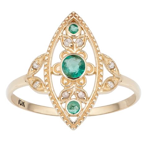 K Yellow Gold Vintage Style Genuine Round Emerald And Diamond Ring EBay