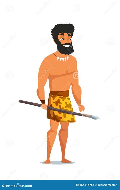 Stone Age Man With Spear Flat Vector Illustration Stock Vector