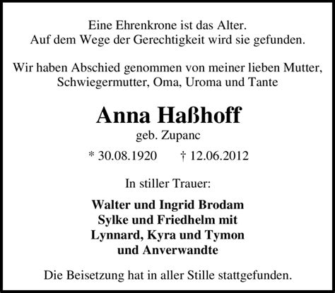 Traueranzeigen Von Anna Haßhoff Trauer In Nrwde