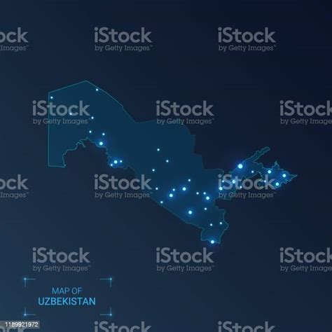 도시와 우즈베키스탄지도 빛나는 점 어두운 배경에 네온 조명 벡터 그림입니다 가리키기에 대한 스톡 벡터 아트 및 기타 이미지