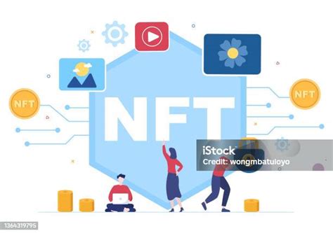 Nft 비 풍화 토큰 암호화 예술 평면 배경 일러스트에서 배너 또는 포스터에 대한 동전 서버와 디지털 네트워크로 변환 대체 불가