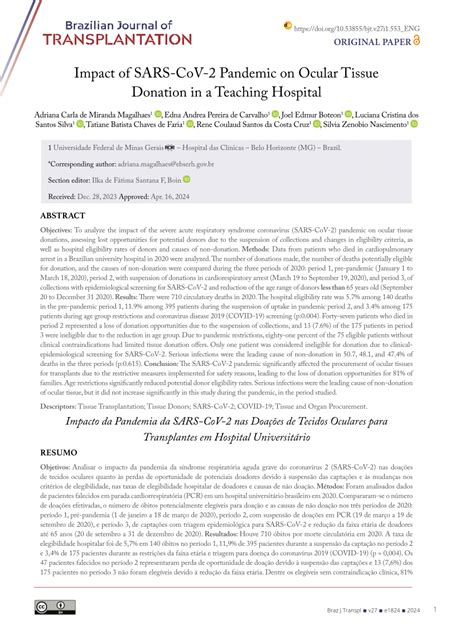 Pdf Impact Of Sars Cov 2 Pandemic On Ocular Tissue Donation In A Teaching Hospital