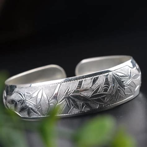 조정 999 스털링 실버 수제 대나무 팔찌 수동 조각 국가 스타일의 팔찌 팔찌 고급 보석jewelry Banglejewelry For Womenjewelry Style