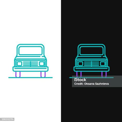 흰색과 검은 색 배경에 고립 된 녹색과 보라색 라인 자동차 아이콘 전면 보기입니다 벡터 일러스트레이션 Brand Name Domestic Car에 대한 스톡 벡터 아트 및