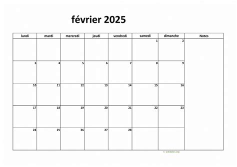 Calendrier Février 2025