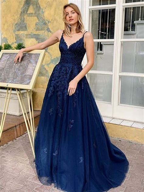 A Line V Neck Backless Navy Blue Lace Long Prom 2020 Open Back Navy B