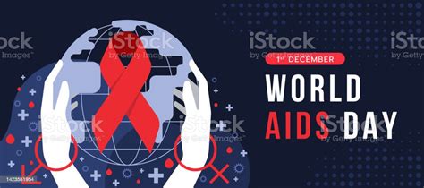 세계 원조의 날 남성과 여성의 후프 팔찌가있는 손은 진한 파란색 배경 벡터 디자인에 빨간색 리본과 원형 글로브 기호 크로스