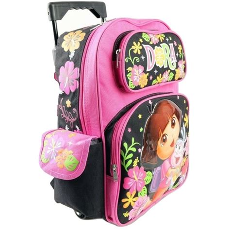 Dora The Explorer Backpack Large Rolling 16 Inch Pink Black Flowers Backpack La