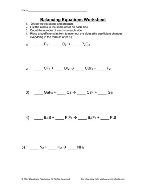 Balancing Chemical Equations Worksheet