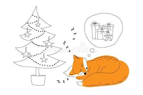 The Fox Sleeps Under The Christmas Tree Stock Illustration