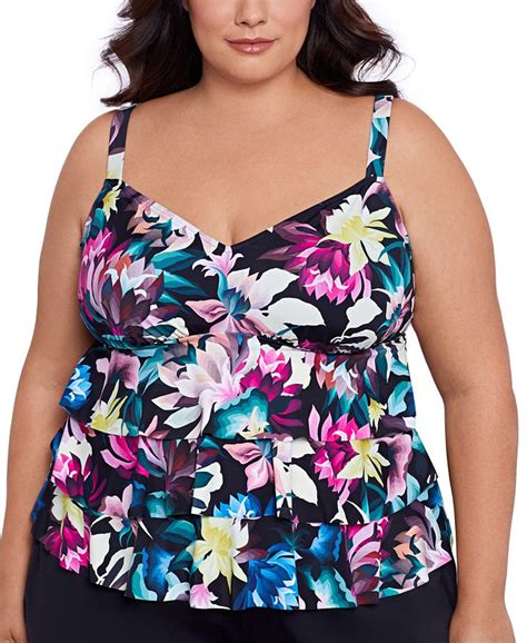 Swim Solutions Plus Size Floral Print Tiered Tankini Top Created For