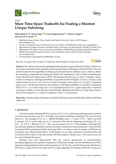 Pdf More Time Space Tradeoffs For Finding A Shortest Unique Substring