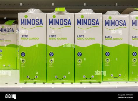 Portuguese Uht Milk Cartons Semi Skimmed Milk On A Supermarket Shelf