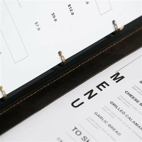Leather Menu Folder With Brass Ring Binder And Corner Mountings