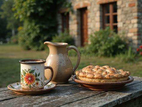 Vintage Ceramics And Pies On Rustic Wooden Table Stock Illustration