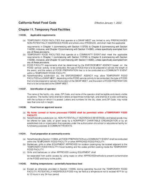 Fillable Online California Retail Food Code Chapter 11 Temporary Food