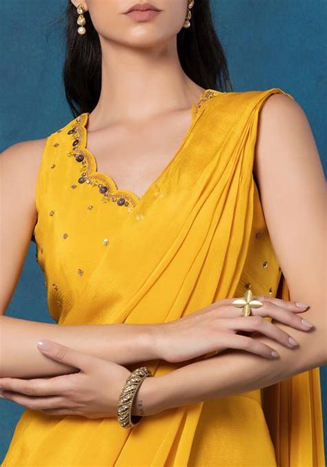 Buy Women Yellow Pre Stitched Saree Set With Sequin Bead Embellished