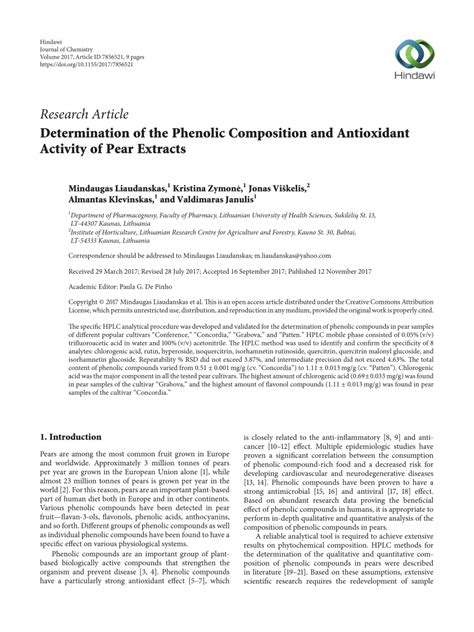 Pdf Determination Of The Phenolic Composition And Antioxidant Activity Of Pear Extracts