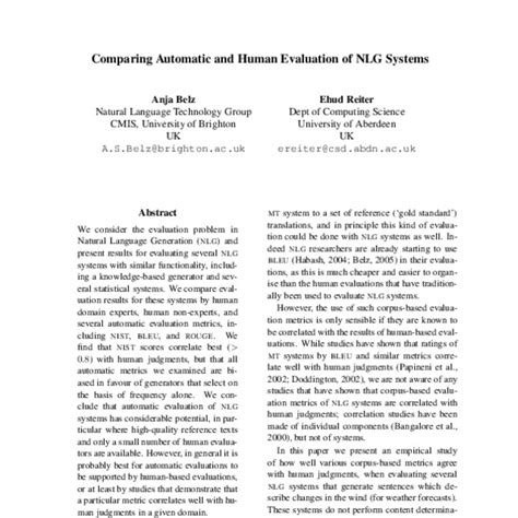Comparing Automatic And Human Evaluation Of Nlg Systems Acl Anthology