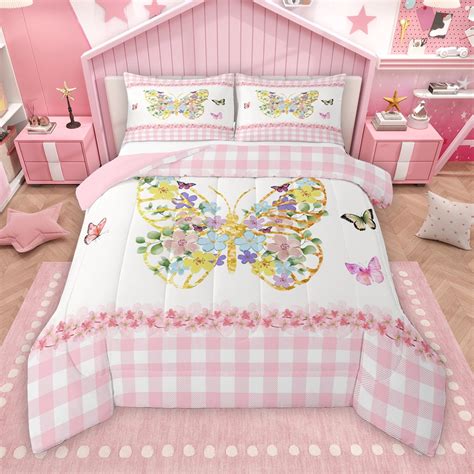 Manfei Girls Flower Butterfly Bedding Comforter Set Kawaii Princess