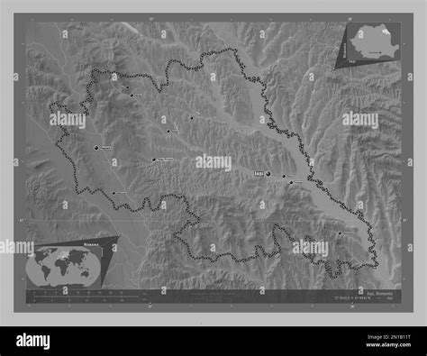 Iasi County Of Romania Grayscale Elevation Map With Lakes And Rivers