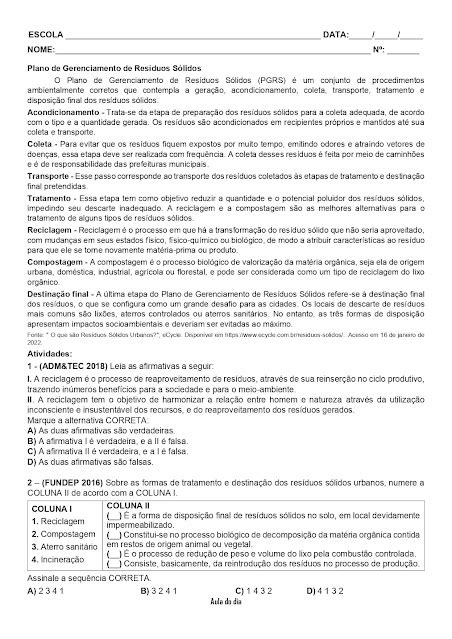 Plano De Gerenciamento De Resíduos Sólidos Texto Atividades