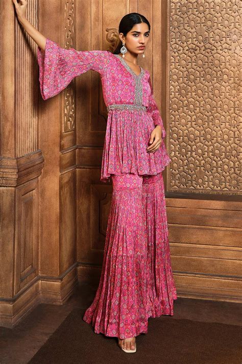 Buy Aneesh Agarwaal Pink Chiffon Bell Sleeve Persian Print Tunic