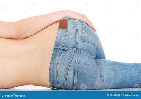 Shirtless Woman Lying In Jeans Stock Image Image Of Body Rear 77455695
