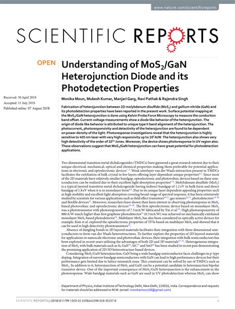 Pdf Understanding Of Mos2gan Heterojunction Diode And Its Photodetection Properties
