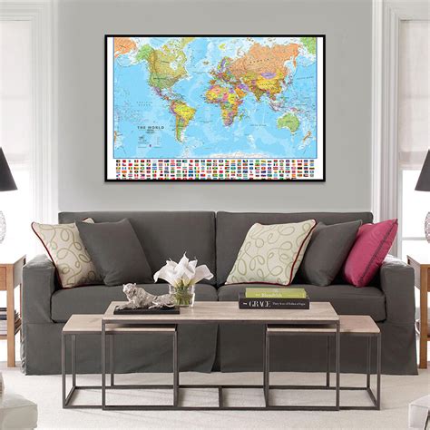 Modern World Political Map Foldable World Map With Country Flags Wall