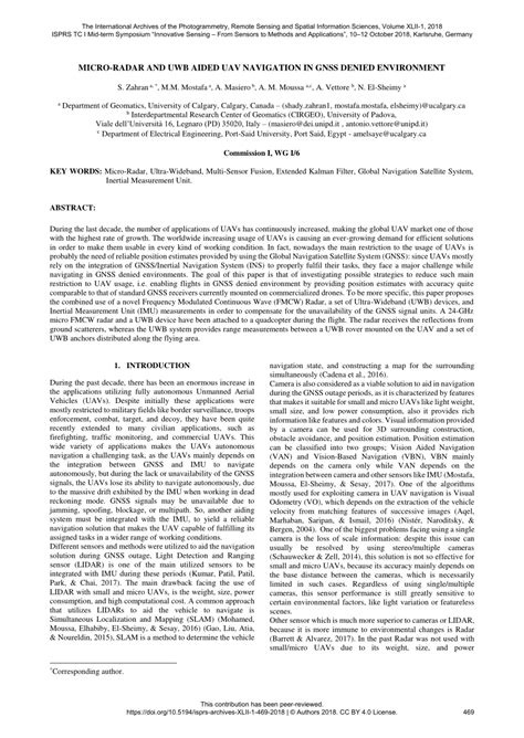 PDF MICRO RADAR AND UWB AIDED UAV NAVIGATION IN GNSS DENIED ENVIRONMENT