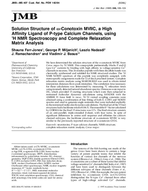 Pdf Solution Structure Determination By Two Dimensional1h Nmr Of ω