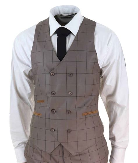 Mens Beige Check 3 Piece Suit With Double Breasted Waistcoat Happy