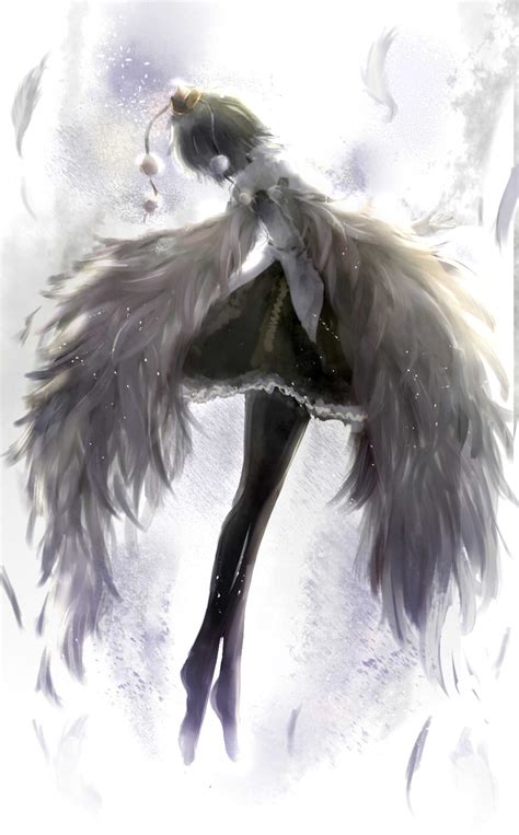 Safebooru 1girl Black Hair Black Legwear Black Skirt Feathered Wings