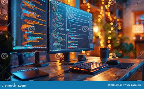 Organized Computer Desk Setup With Dual Monitors And Keyboard Stock Image Image Of Desk