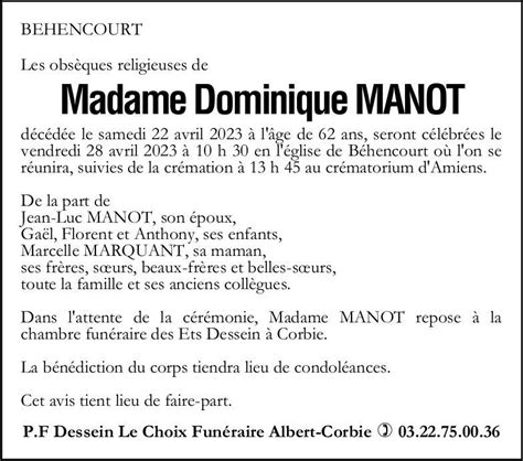Madame Dominique Manot Pompes Funèbres Dessein
