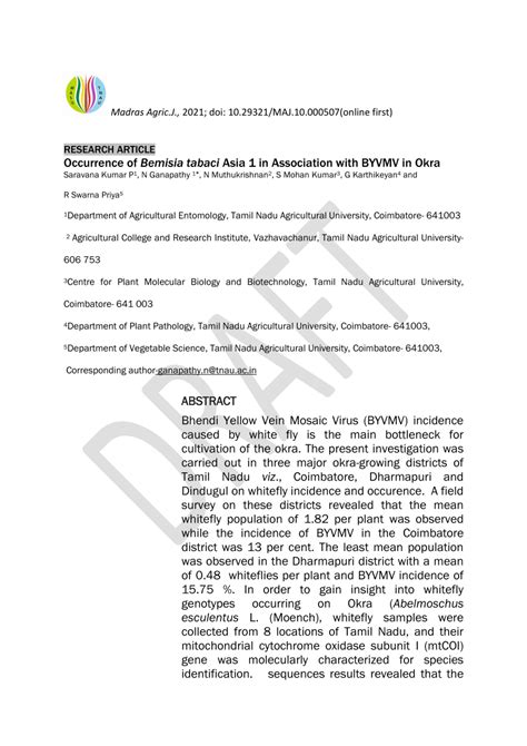 Pdf Occurrence Of Bemisia Tabaci Asia 1 In Association With Byvmv In Okra