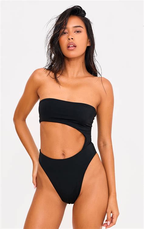Black Bandeau Cut Out High Leg Swimsuit Swimwear Prettylittlething Ca