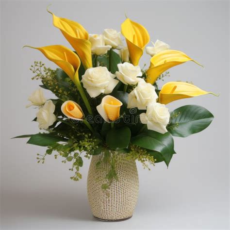 Photorealistic Vase With Yellow Calla Lilies And White Roses Stock