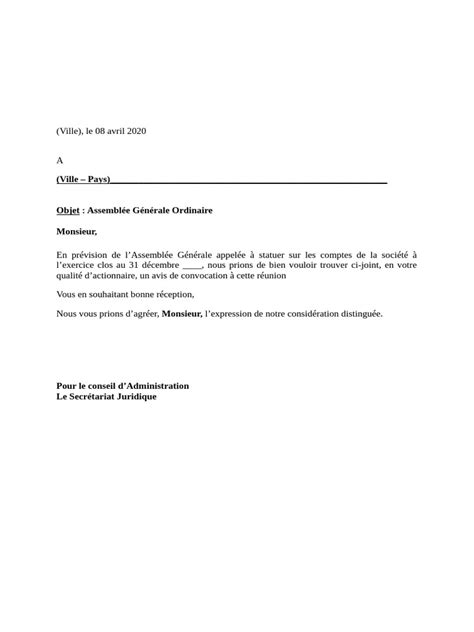 Modèle De Lettre De Convocation À Lag Dapprobation Des Comptes Pdf
