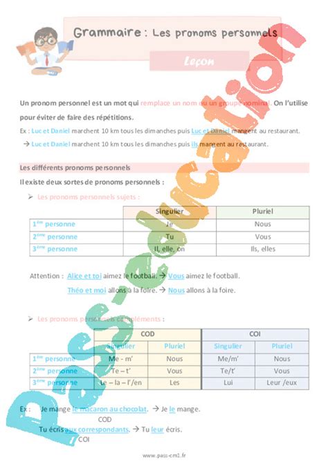 Les pronoms personnels Leçon de grammaire pour le cm1 PDF à imprimer