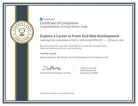 Certificateofcompletion Linkedinlearning Frontenddeveloper Avinash Kumar Singh