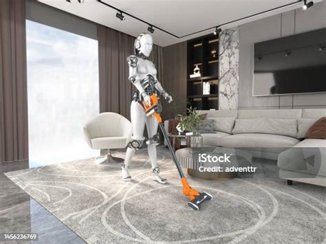 거실에서 일하는 여성 휴머노이드 로봇 진공 청소기를 사용하여 집 청소 집안일을 하는 개념적 3d Cgi 하이테크 로봇 집 내부에 대한 스톡 사진 및 기타 이미지 Istock