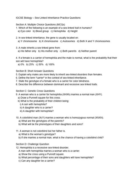 Igcse Biology Sex Linked Inheritance Mcqs Pdf