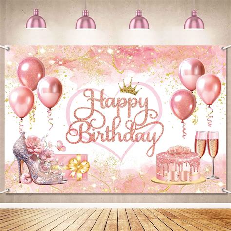 Ldwlyw Rose Gold Happy Birthday Banner Backdrop Pink Rose