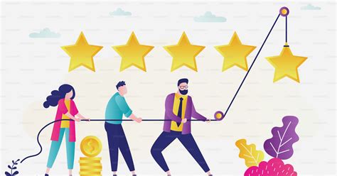 사람들은 밧줄을 사용하고 별을 올립니다 배너 개념 평가를 검토하십시오 팀워크 사람들은 투표하거나 평가합니다 고객 피드백