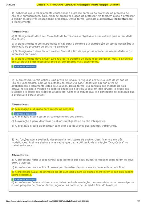 Av1 Organização Do Trabalho Pedagógico 21112016 Studocu