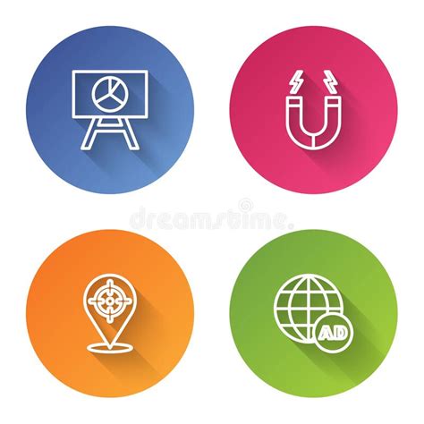 Set Line Board With Graph Chart Magnet Target And Advertising Color Circle Button Stock